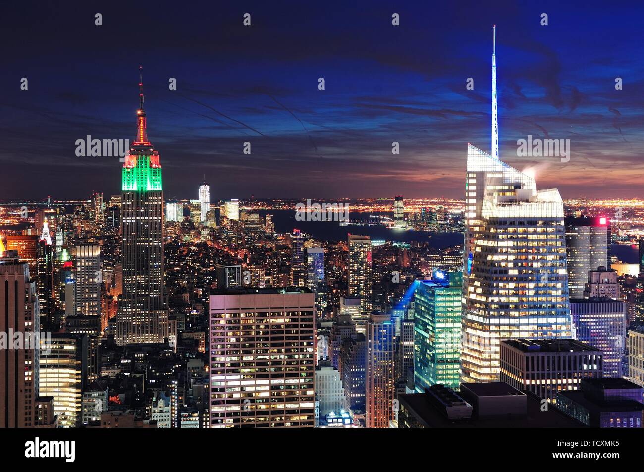 New York City skyline aerial view at night with colorful cloud Stock ...