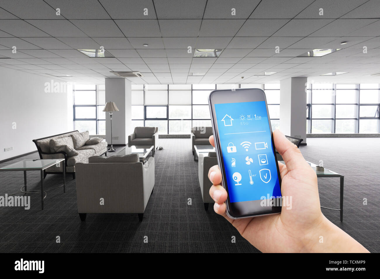 smart phone with smart home with modern living room Stock Photo - Alamy