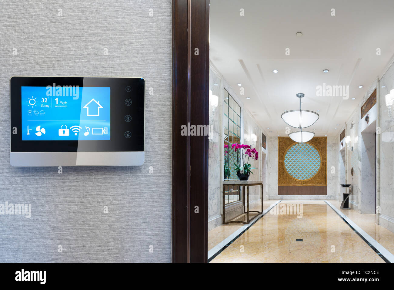 smart screen with smart home with modern living room Stock Photo - Alamy
