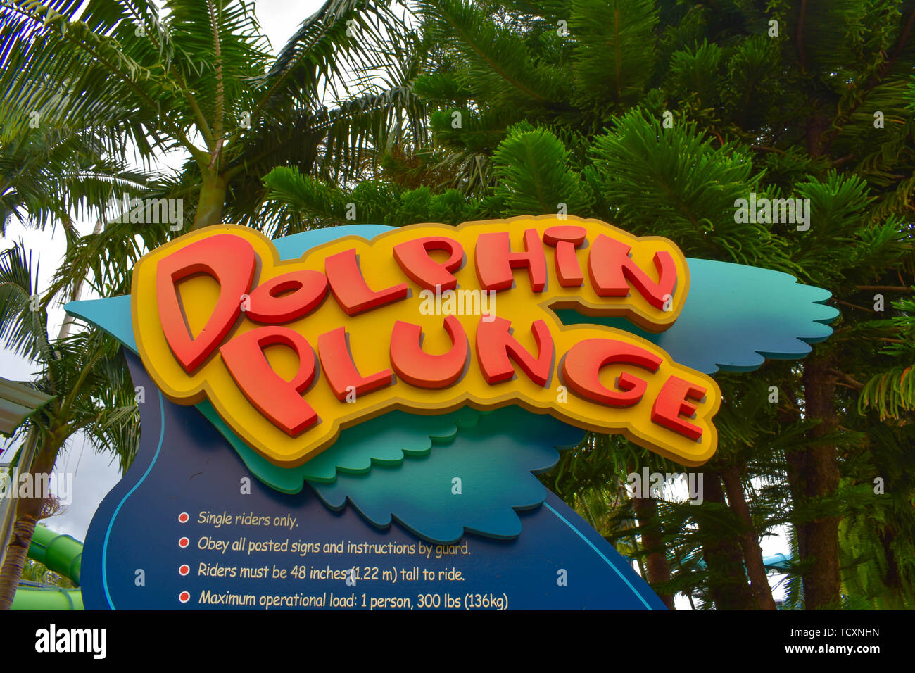 Orlando, Florida. April 07, 2019. Colorful Dolphing Plunge sign at ...