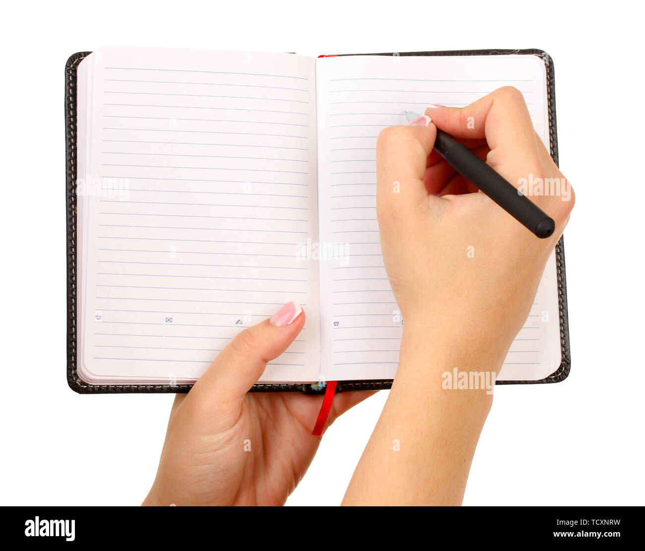 Hand write on notebook, isolated on white Stock Photo - Alamy