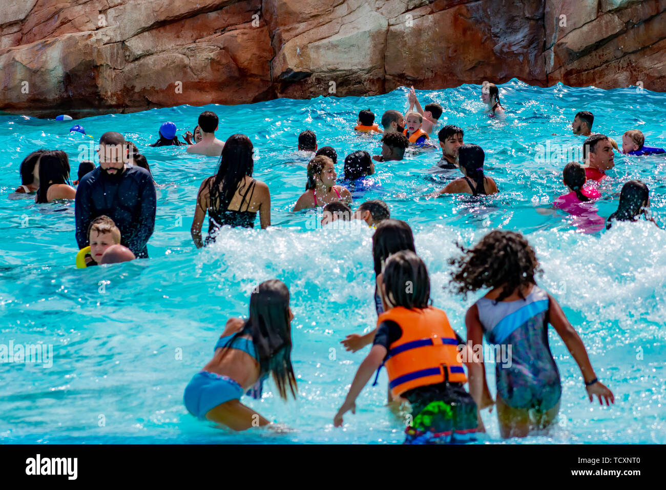 Orlando, Florida. April 07, 2019. Parents and kids having fun pool on ...