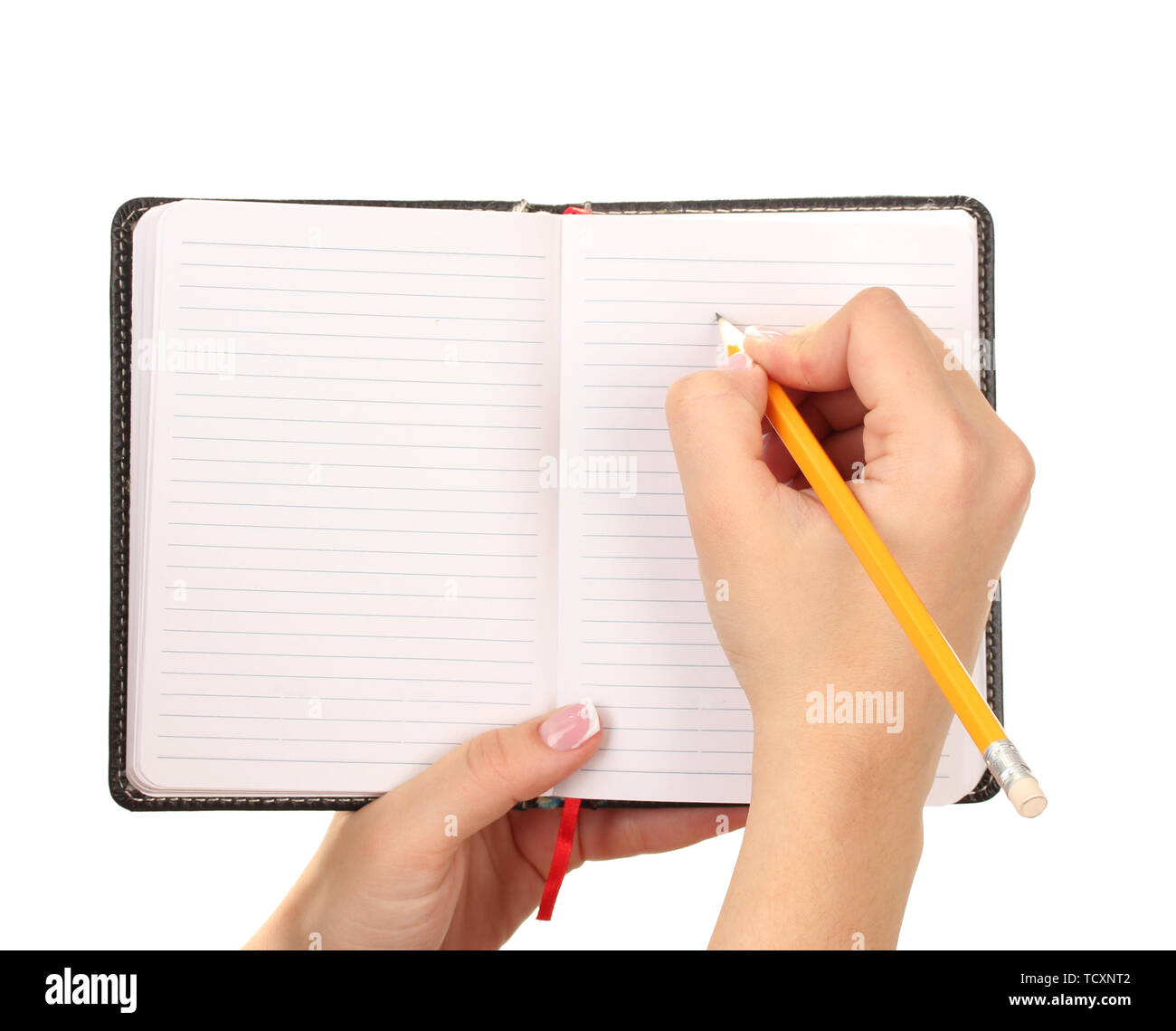 Hand write on notebook, isolated on white Stock Photo - Alamy
