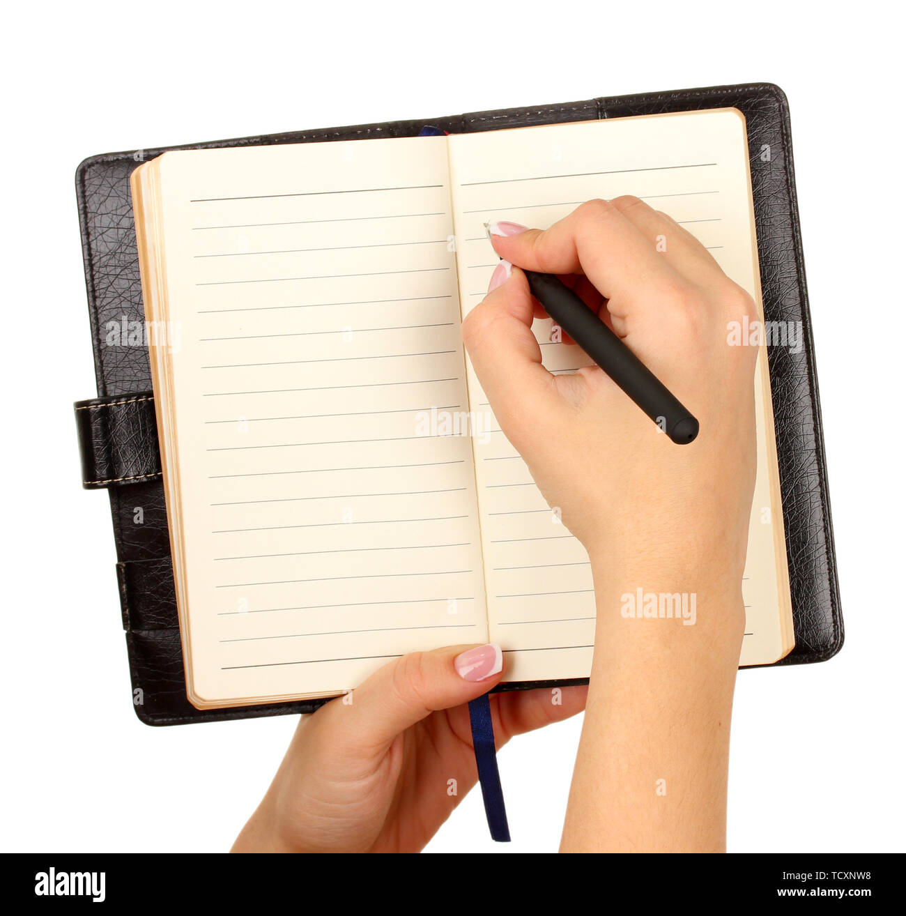 Hand write on notebook, isolated on white Stock Photo - Alamy