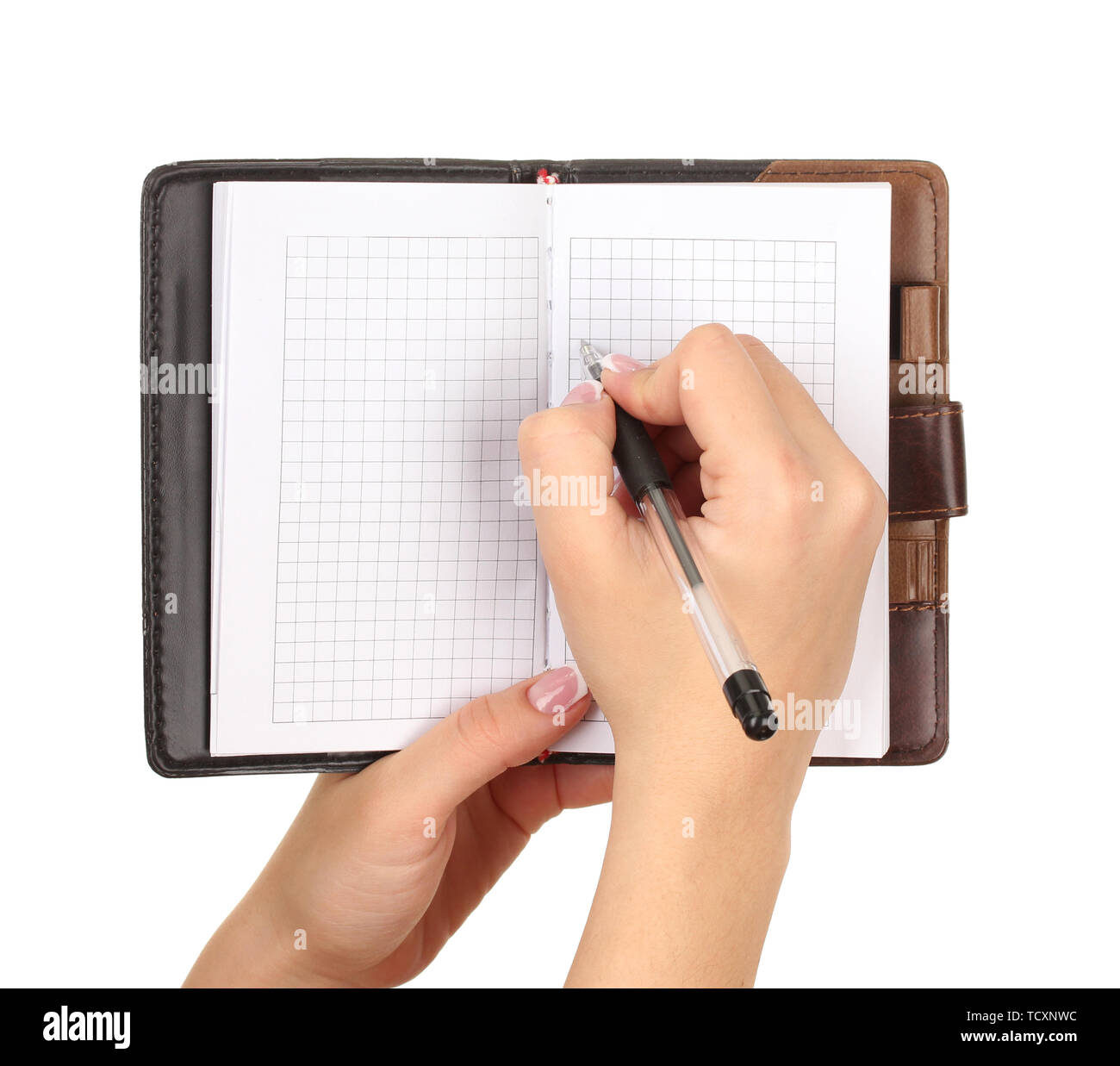 Hand write on notebook, isolated on white Stock Photo - Alamy