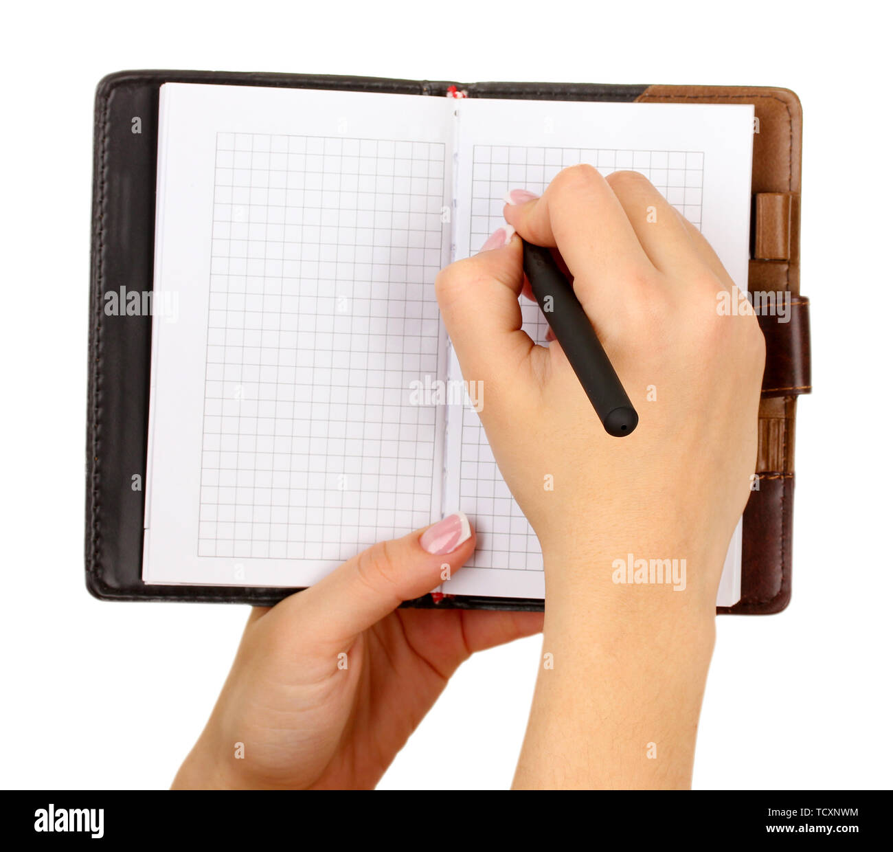 Hand write on notebook, isolated on white Stock Photo - Alamy