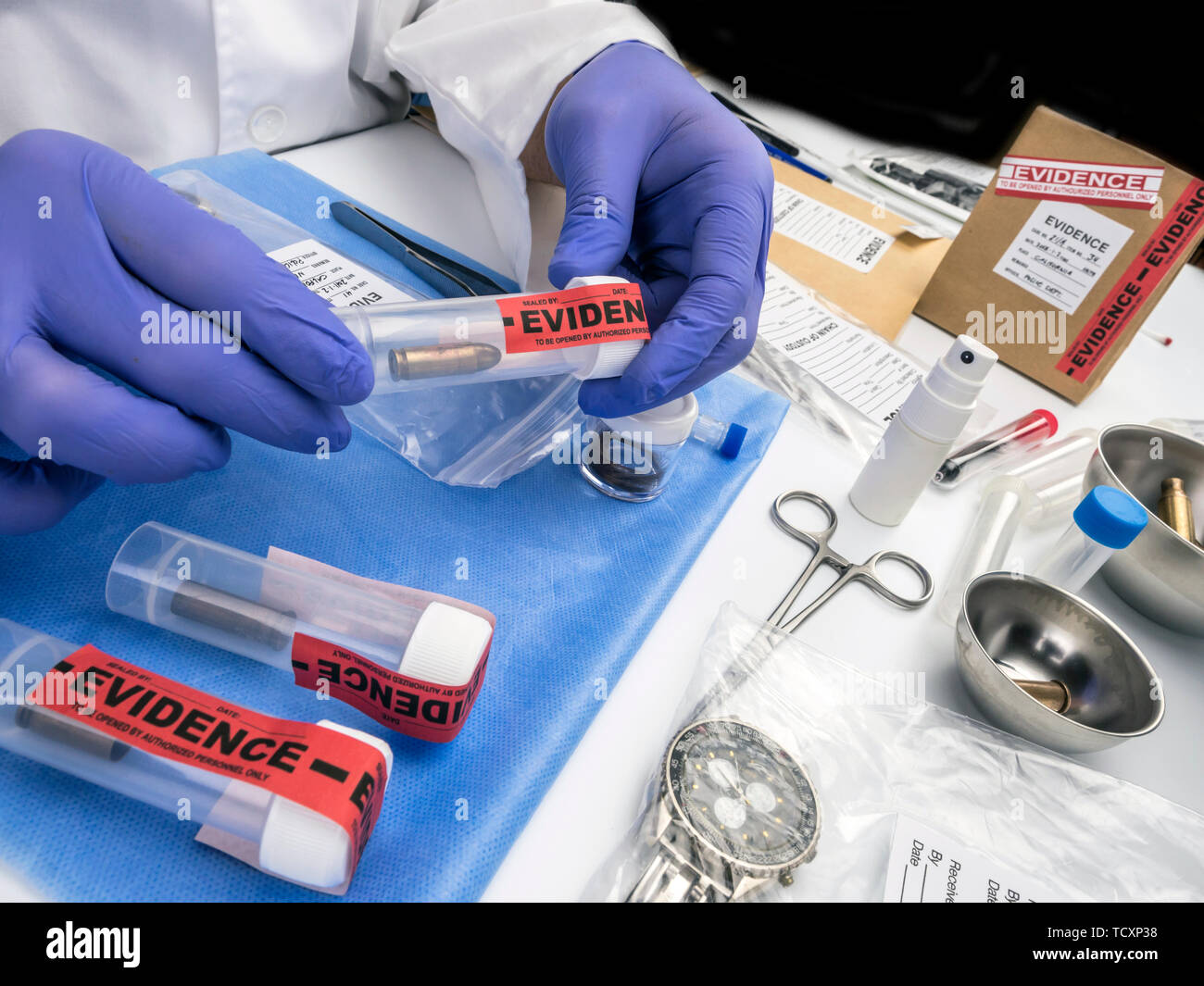 Criminalistic Laboratory, Bullet shell analysis, conceptual image Stock ...