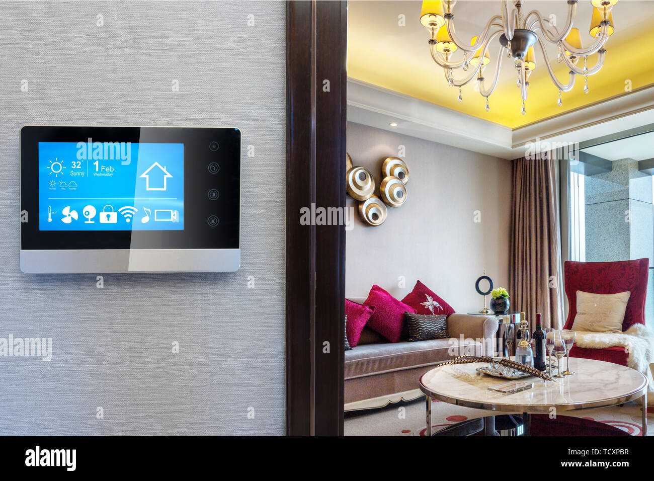 smart screen with smart home with modern living room Stock Photo - Alamy