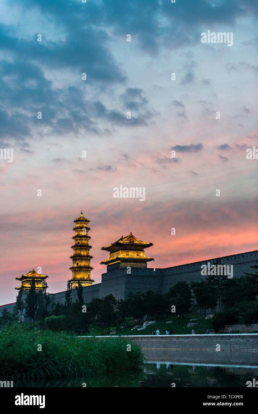 The sunset of the Yan Pagoda in the ancient city of Datong Stock Photo ...