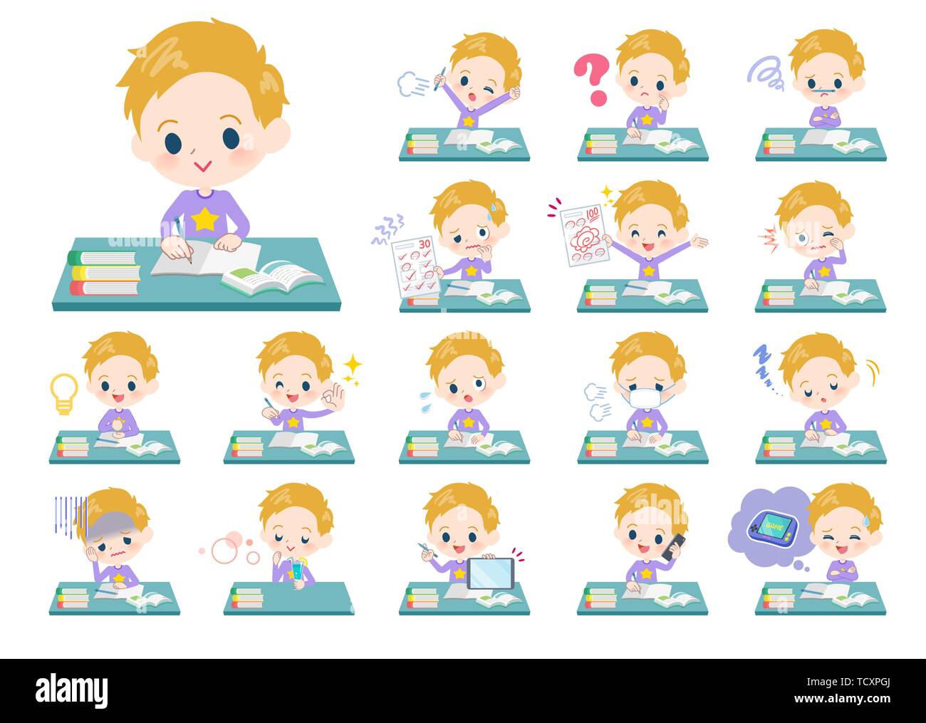 A set of boy Caucasian on study.There are various emotions and actions ...