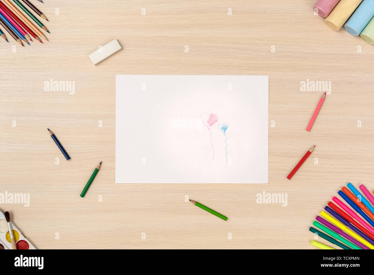 Creative hobby. Desk top view no people paper sheet ready for drawing ...