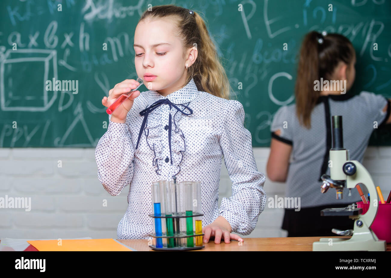 Preparing to exams. Chemistry research. Little girls in school lab ...