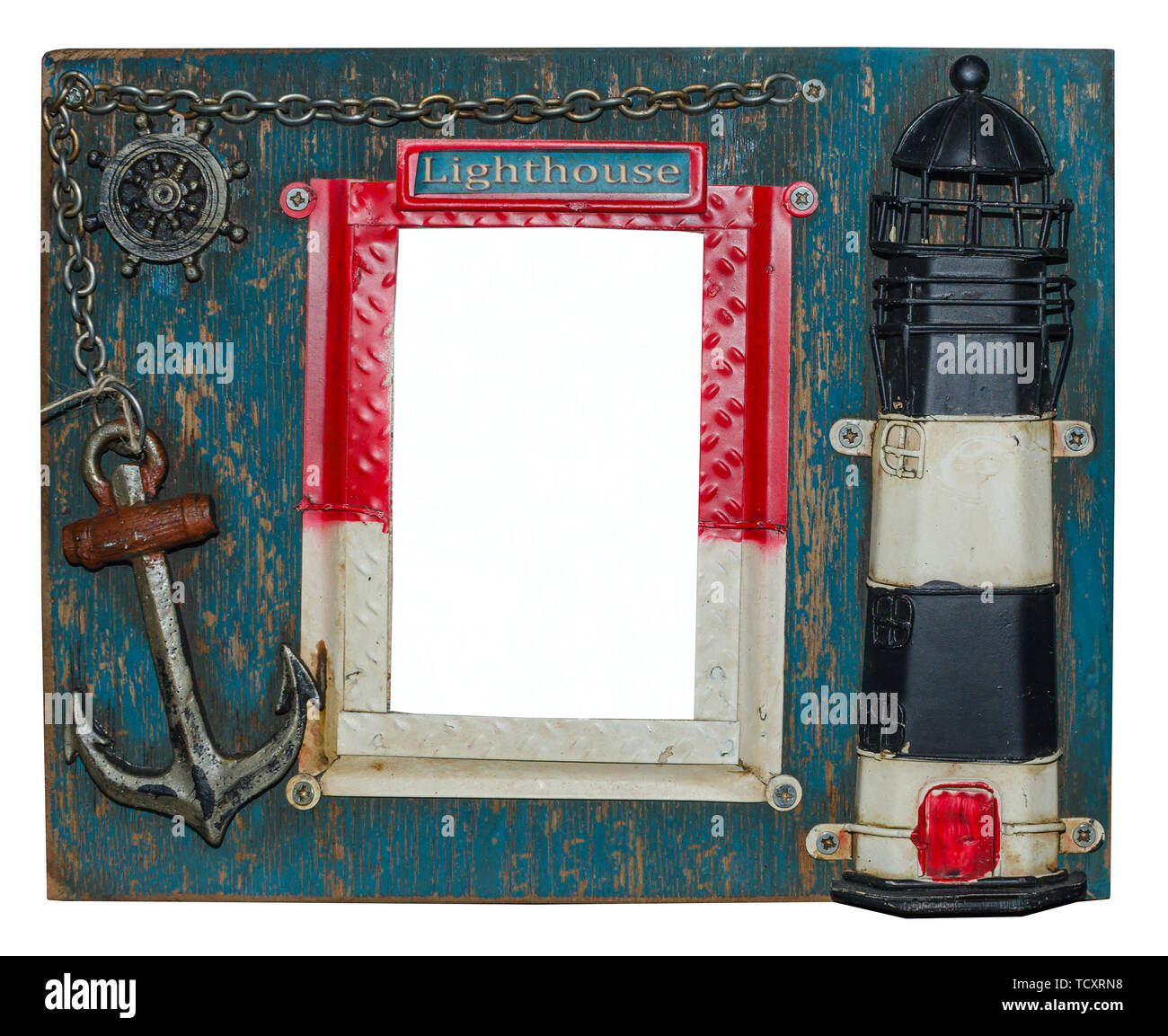 Unusual nautical photo frame. Lighthouse, anchor, chain, steering wheel ...