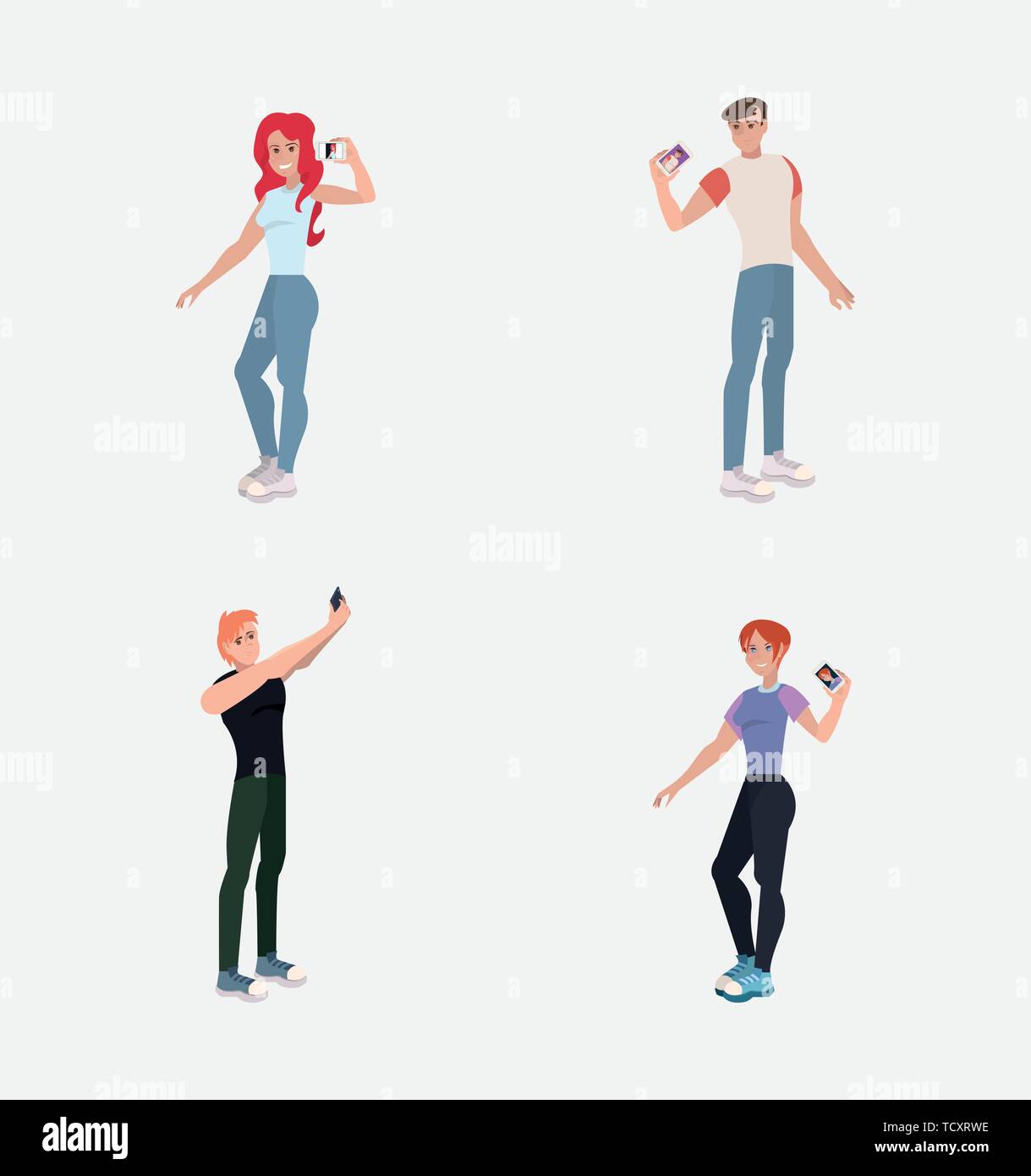men and women with mobile selfie vector illustration Stock Vector Image ...