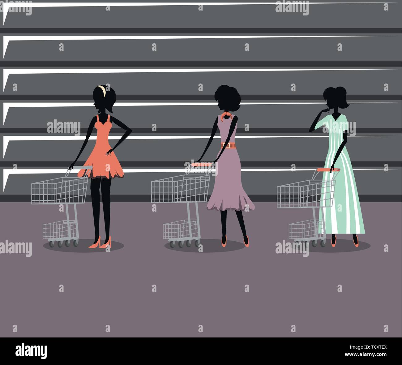 women with shopping carts retro store vector illustration Stock Vector ...