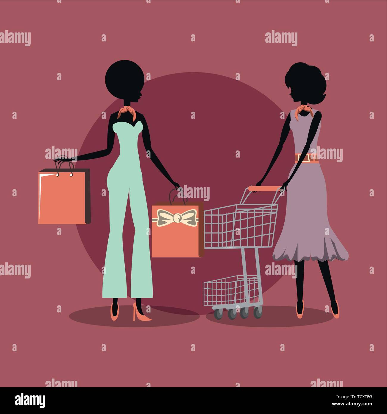 women with shopping carts retro store vector illustration Stock Vector ...