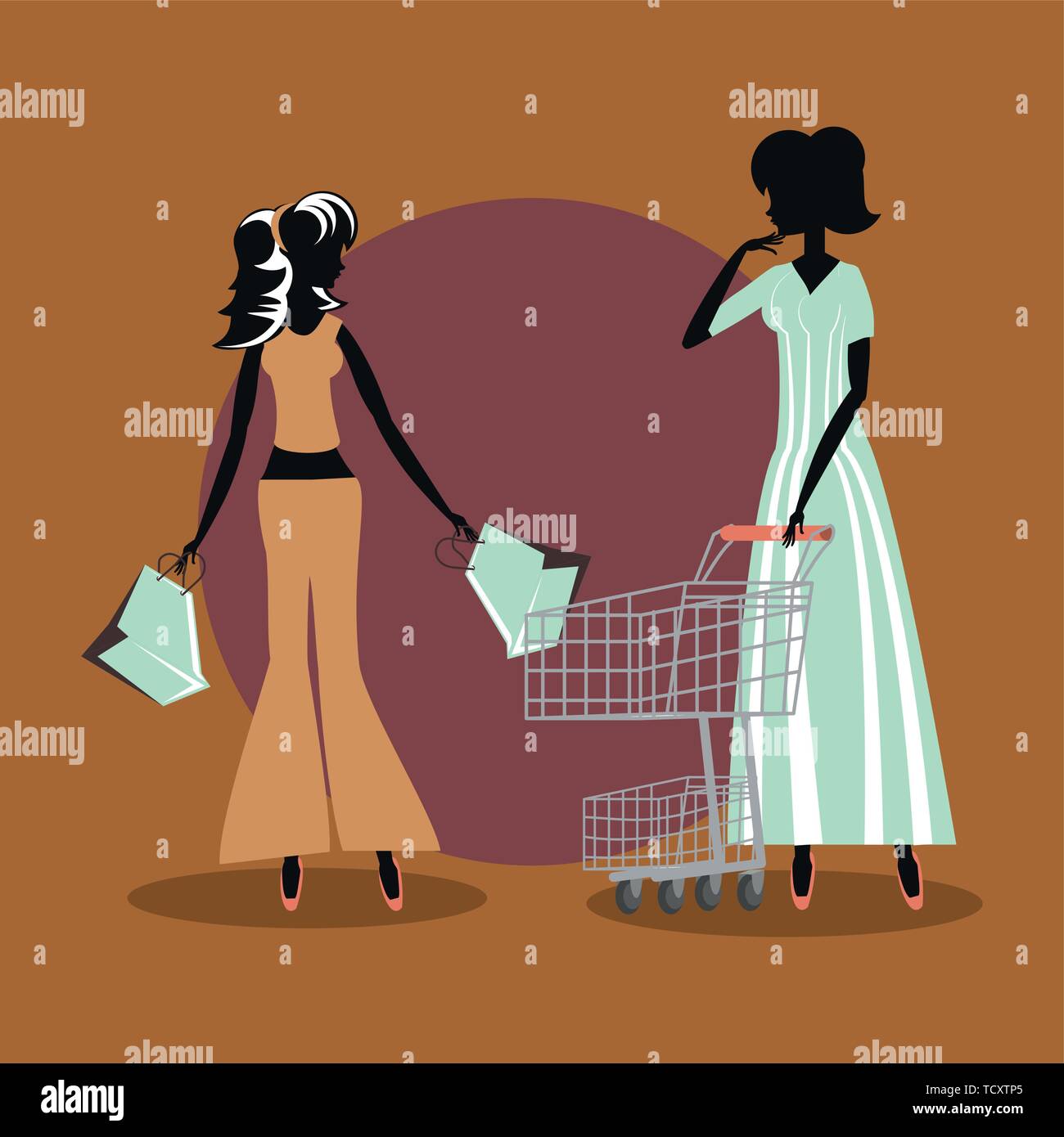 women with shopping carts retro store vector illustration Stock Vector ...