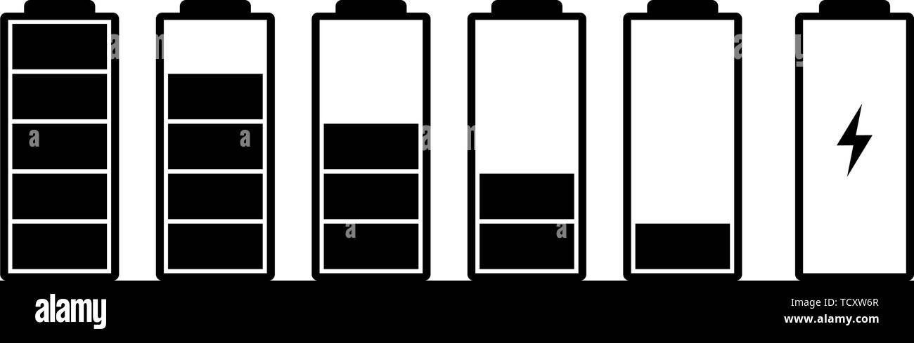 Battery charge indicator icons set. Charging level full power high to ...