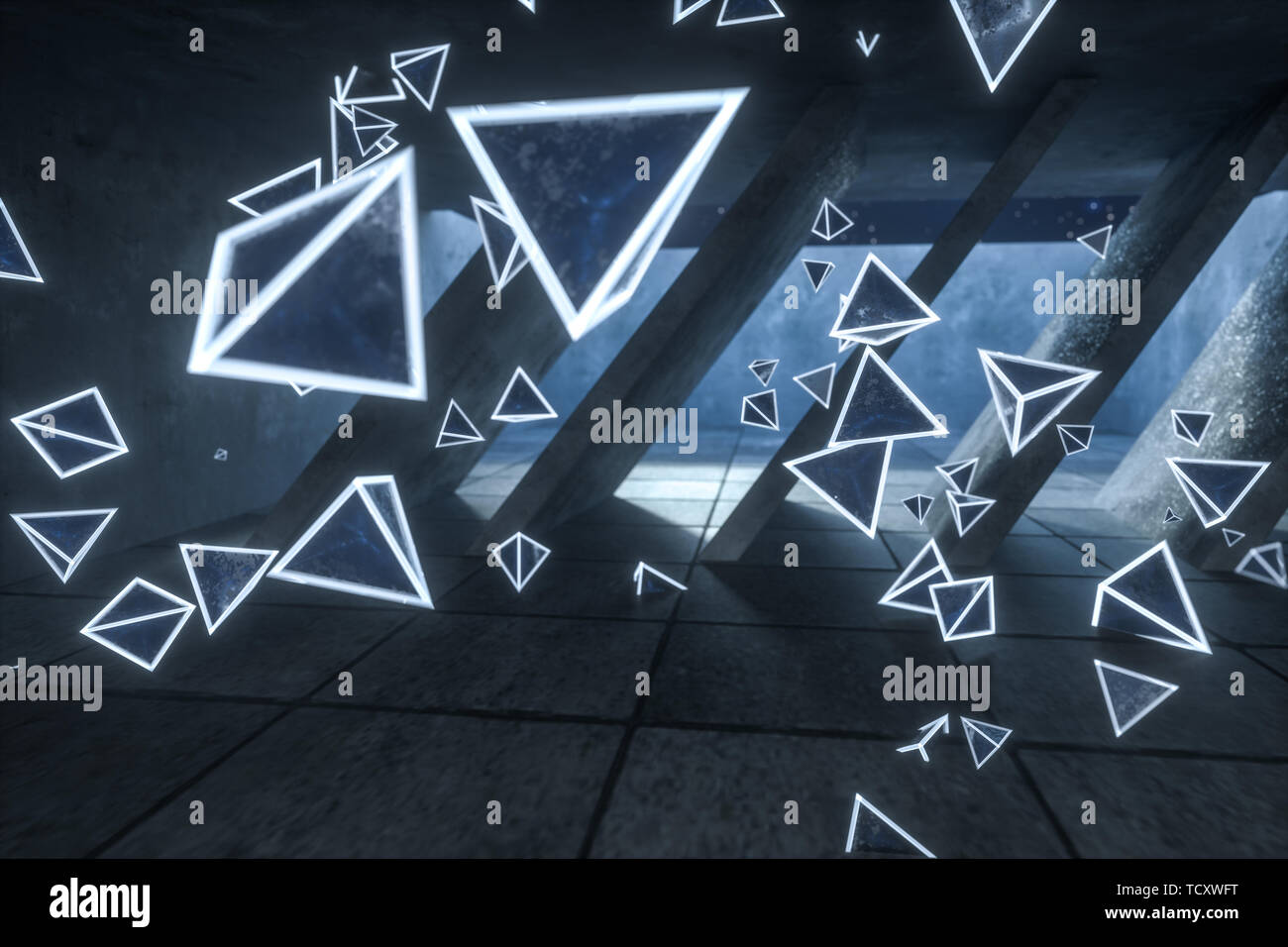 Three-dimensional rendering, glowing triangle inside a dark room Stock ...
