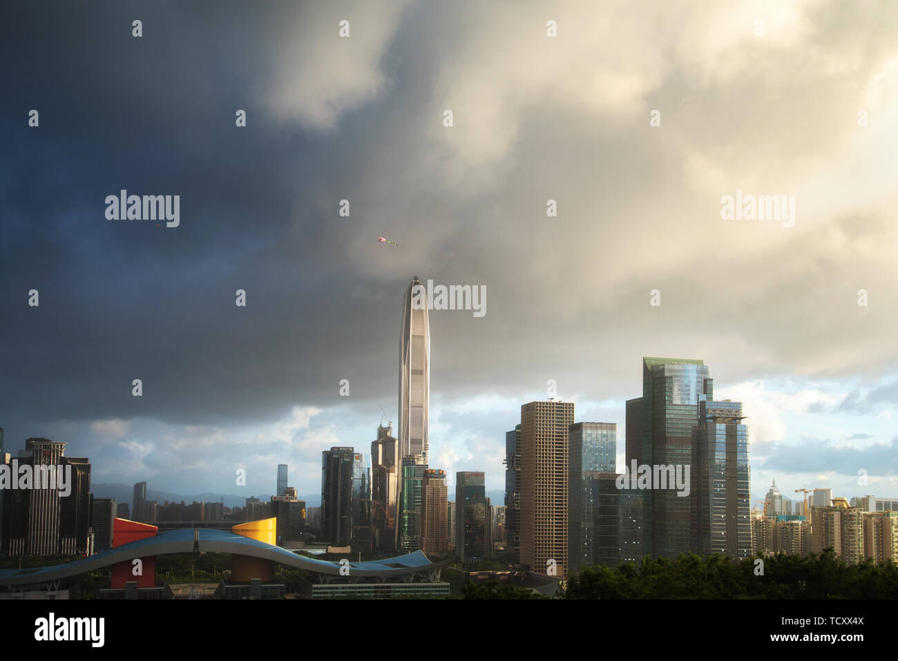 Shenzhen Futian cbd building blue sky white clouds sunshine rainbow ...