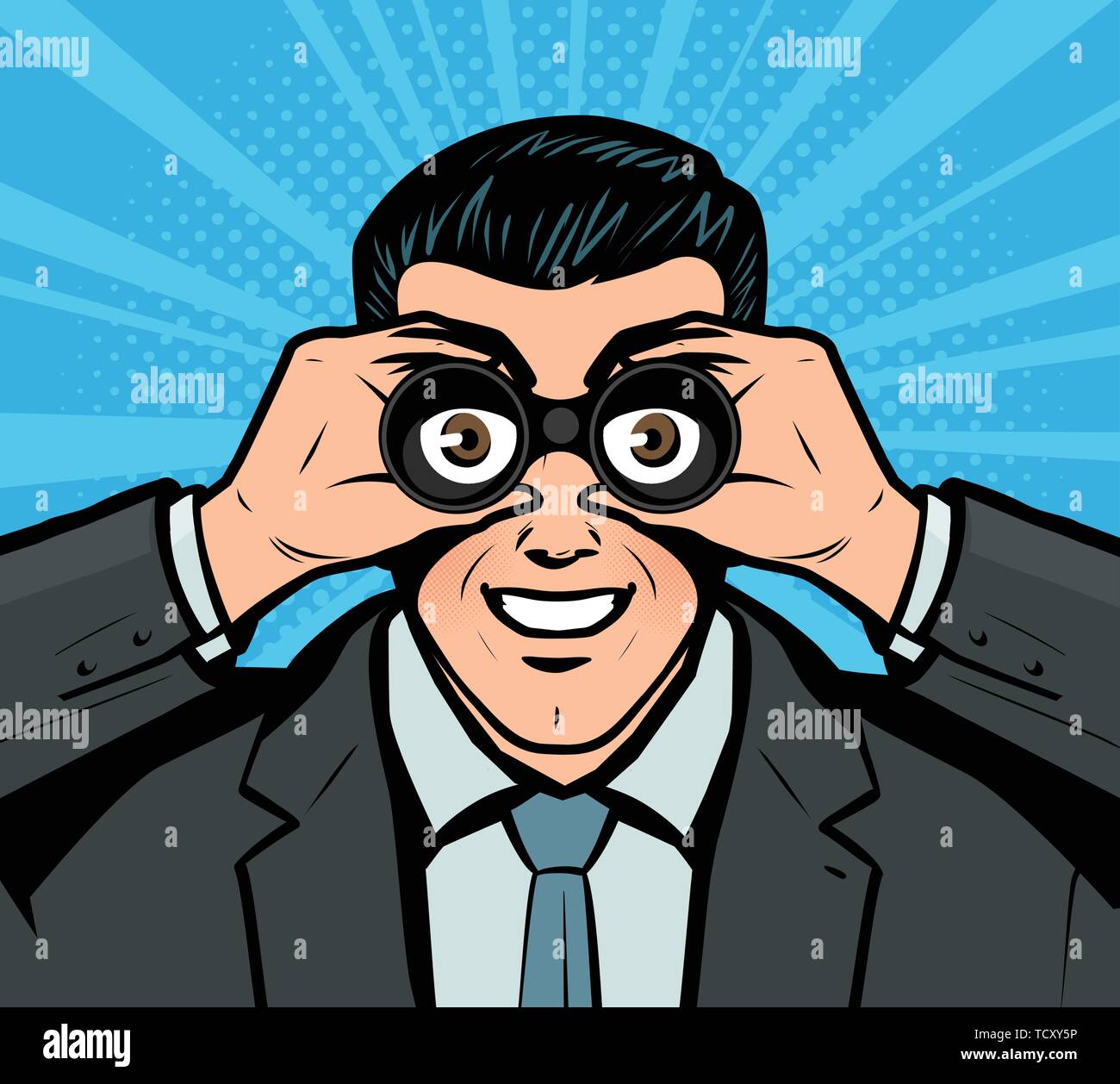 Businessman looking through binoculars. Pop art retro comic style ...