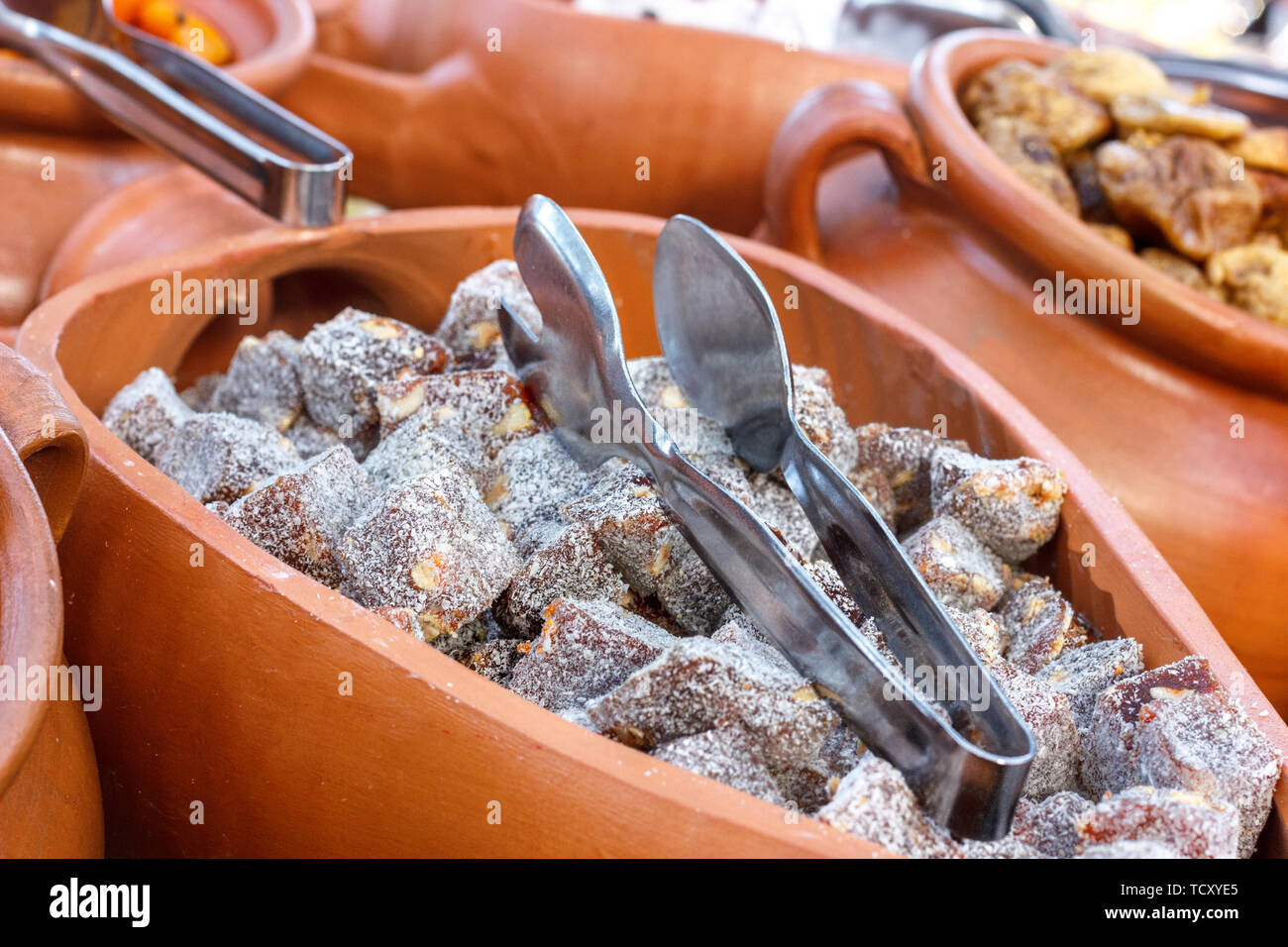 Traditional Turkish delight in the open buffet in a hotel in Turkey ...