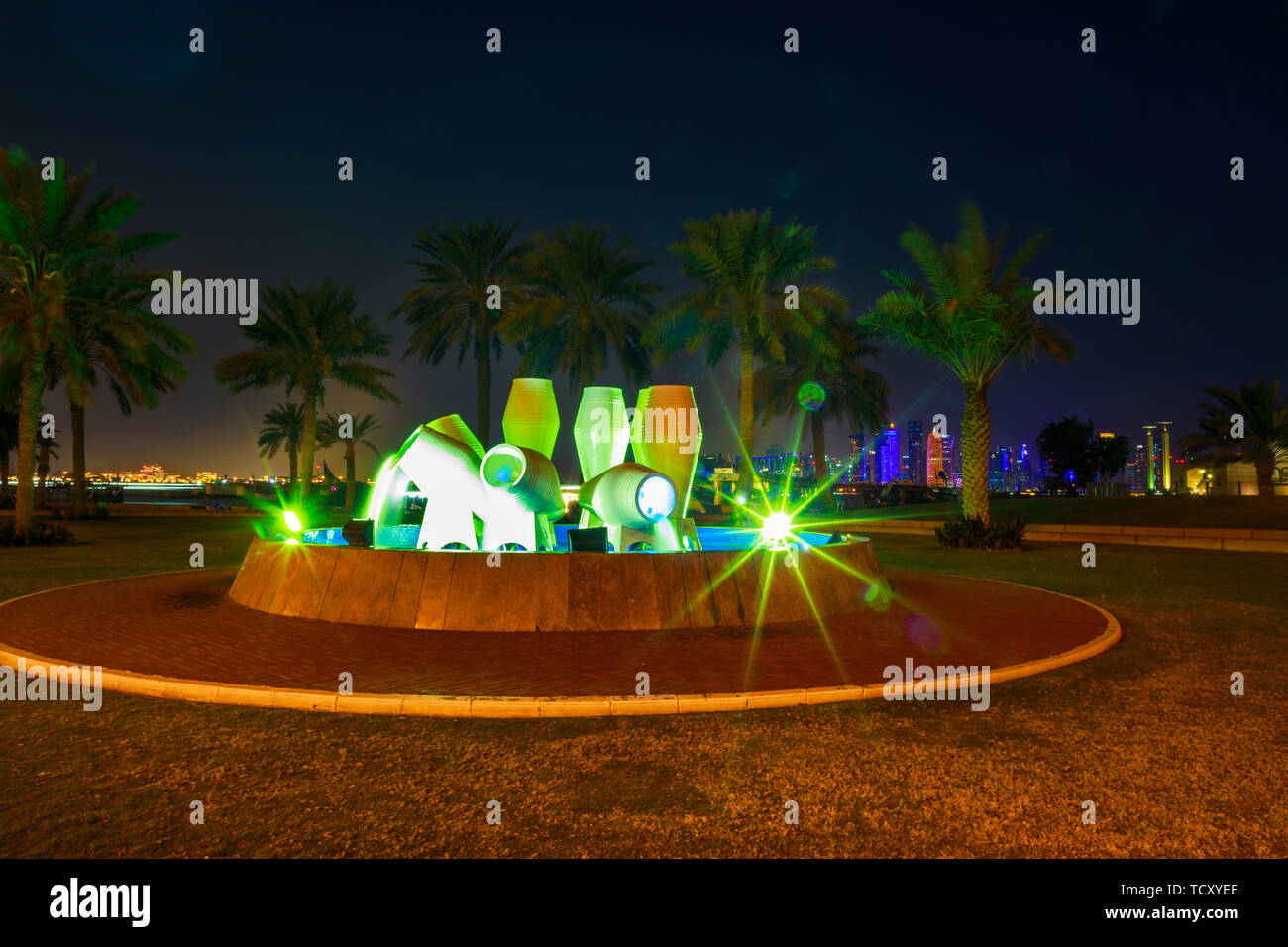 Doha, Qatar - February 16, 2019: water pots fountain or jar fountain on ...