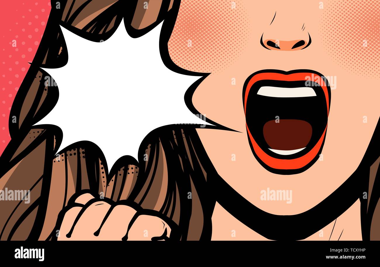 Beautiful girl or young woman screaming. Pop art retro comic style. Cartoon vector illustration ...