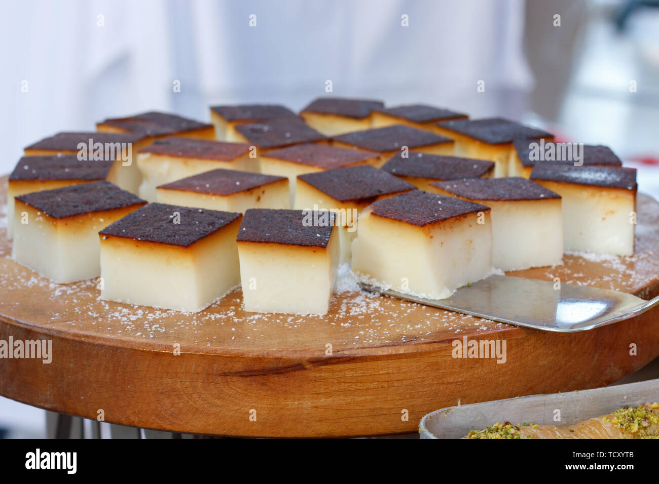 Traditional Turkish sweets at the open buffet in a hotel in Turkey ...
