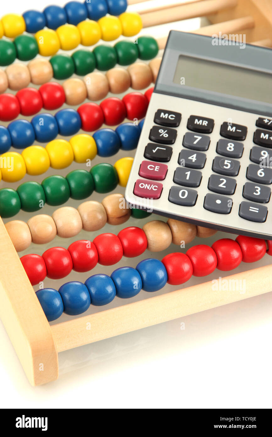 Bright wooden toy abacus and calculator, isolated on white Stock Photo ...