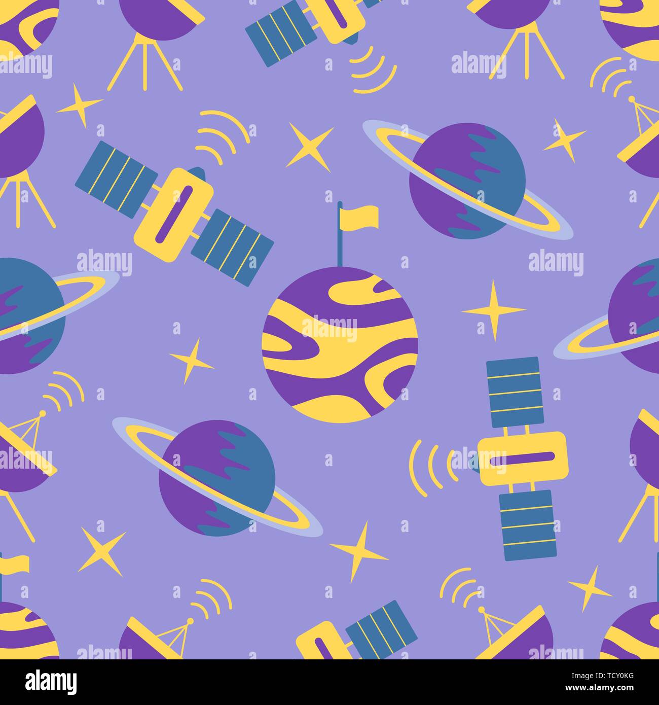 Seamless vector pattern with planets, Saturn, stars, orbital station ...