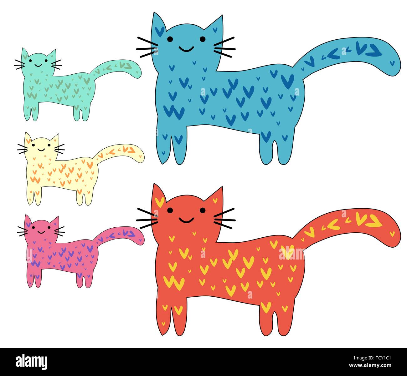 Set of cute cats in simple design for kid's greeting card design, t ...