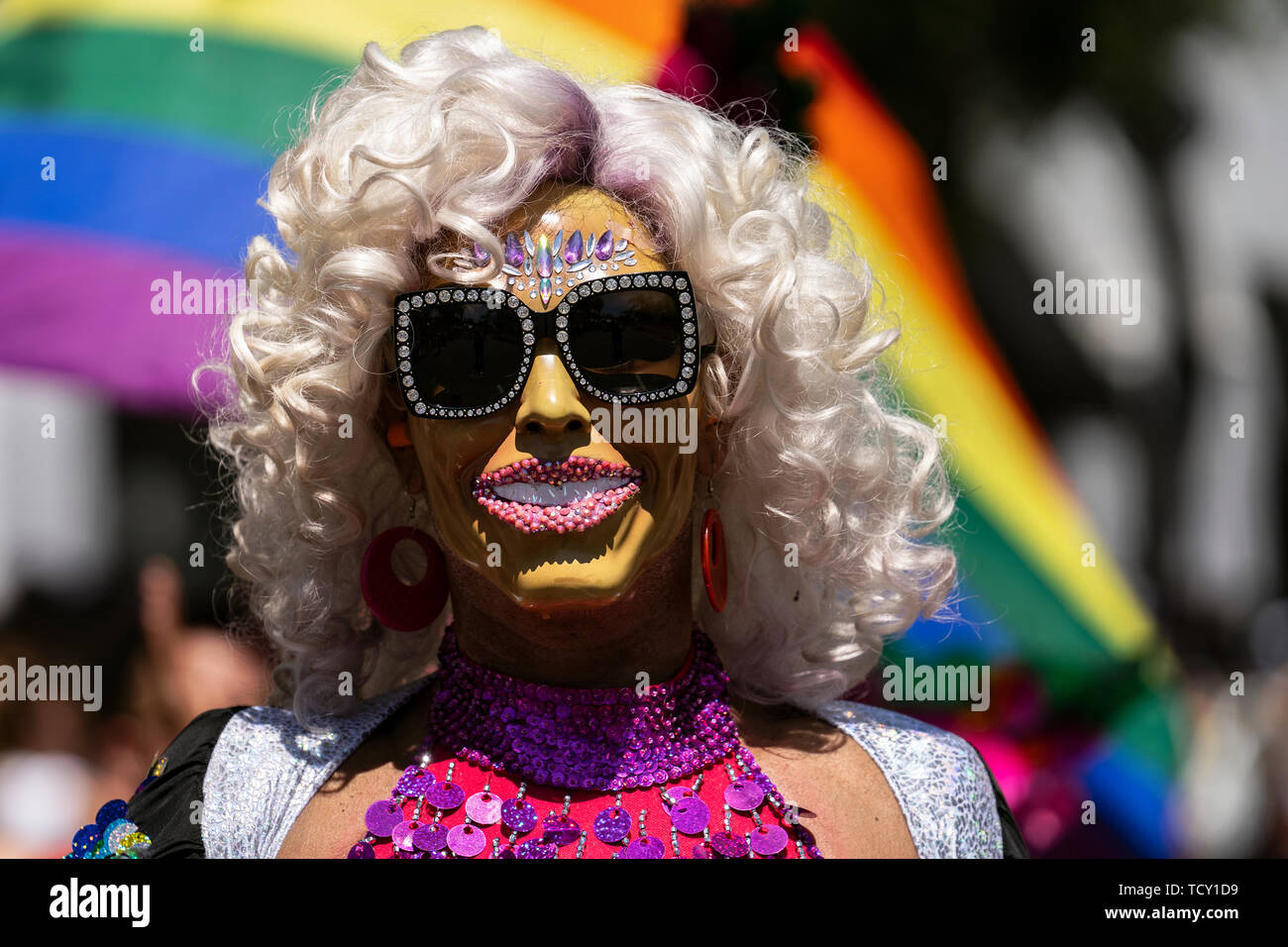 A participant at the LA Pride Parade in West Hollywood, California. The ...