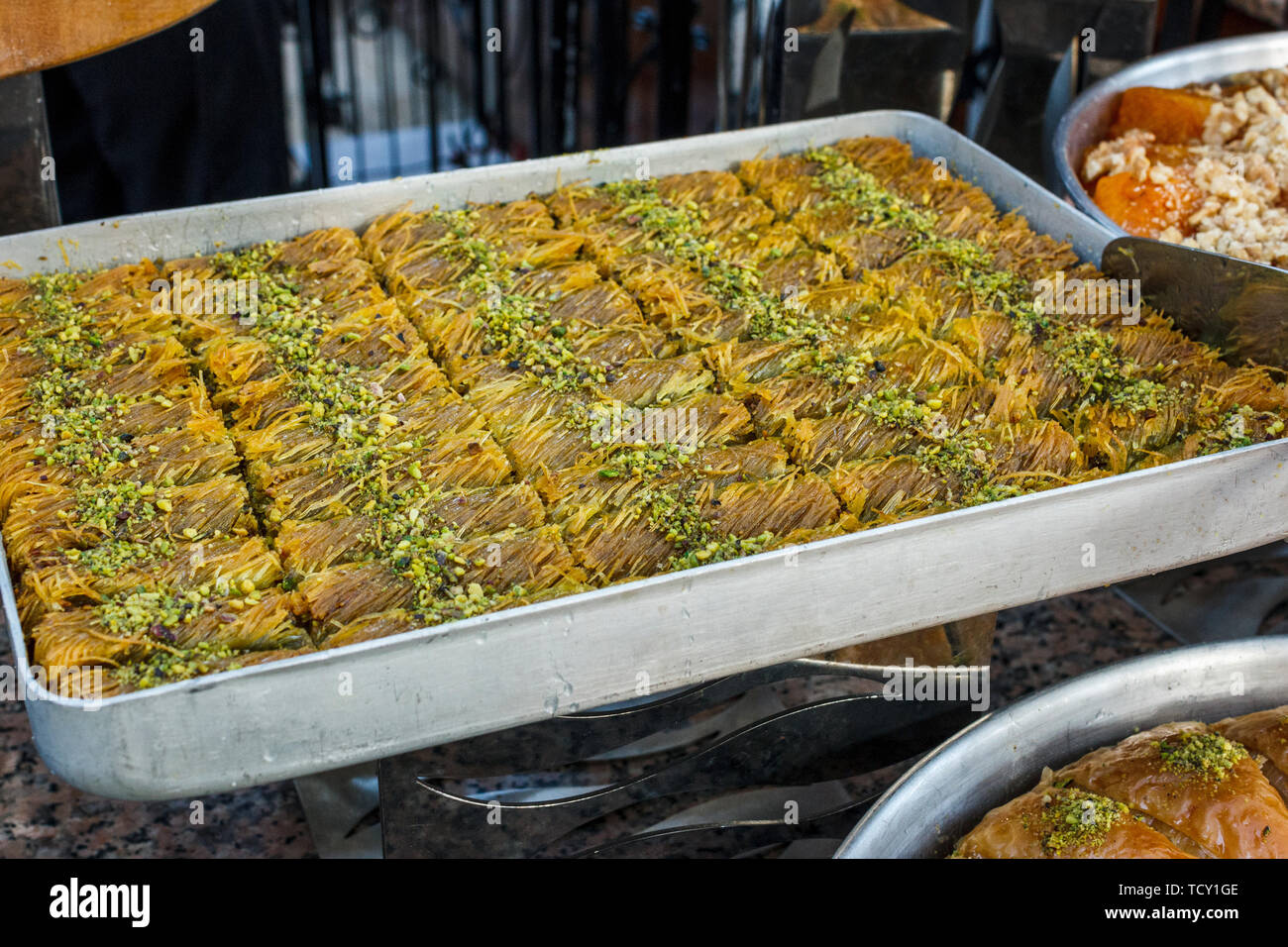 Traditional Turkish sweets baklava at the open buffet in a hotel in ...