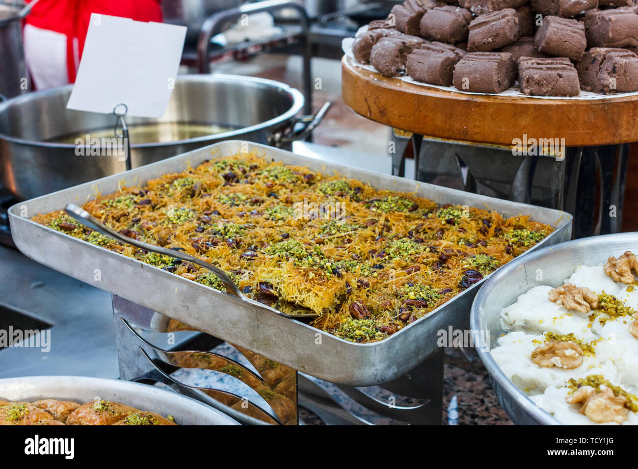Traditional Turkish sweets baklava at the open buffet in a hotel in ...