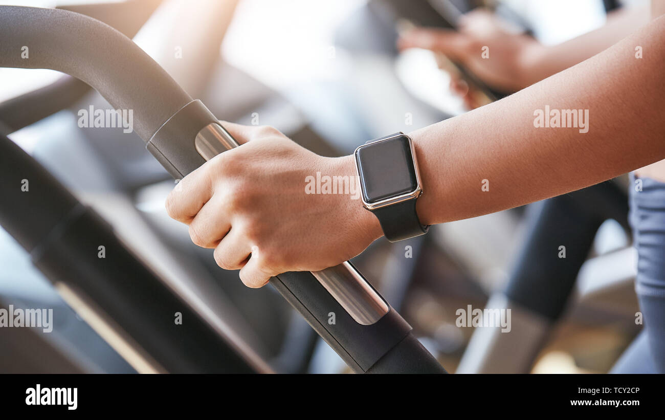 Smart technologies. Close-up photo of smart watch on woman hand holding ...