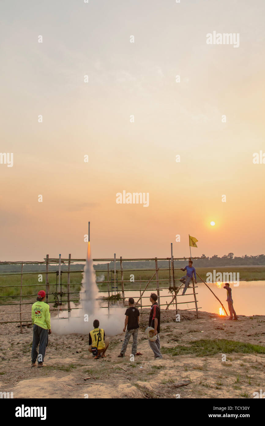 NAKHONPHANOM, THAILAND - APRIL 11, 2019 - Thai rocket to the sky ...