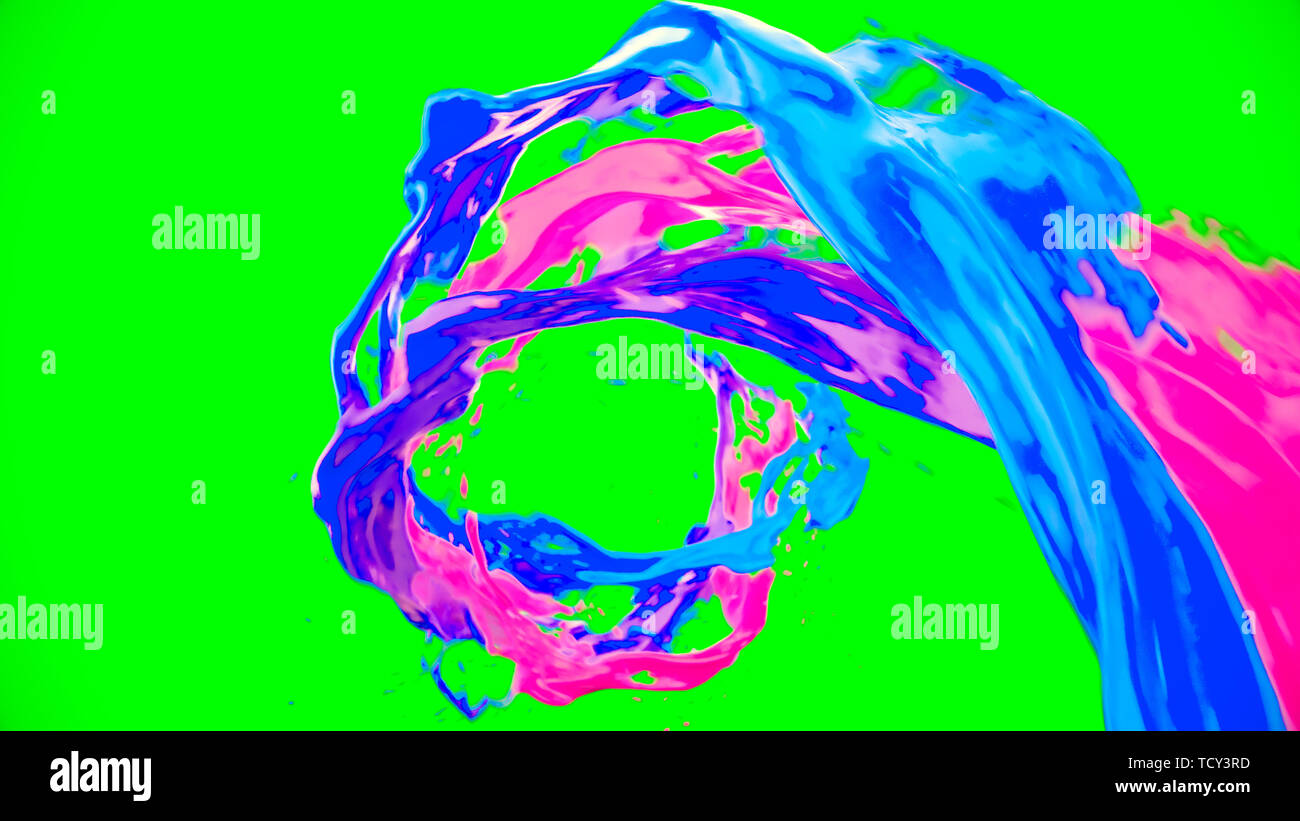 Abstract bright colorful liquid vortex flow with splashes. Waving water ...