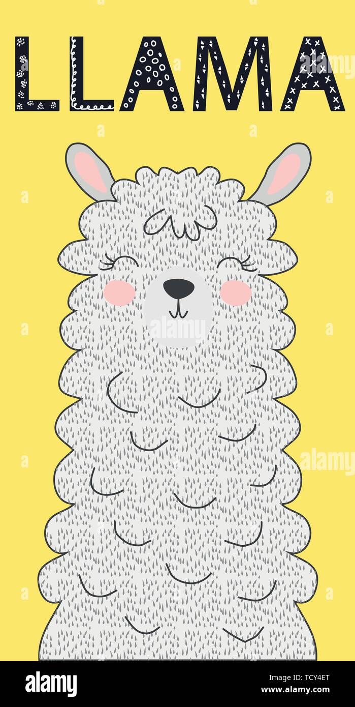 Hand drawn vector illustration of a cute funny llama. Isolated objects ...