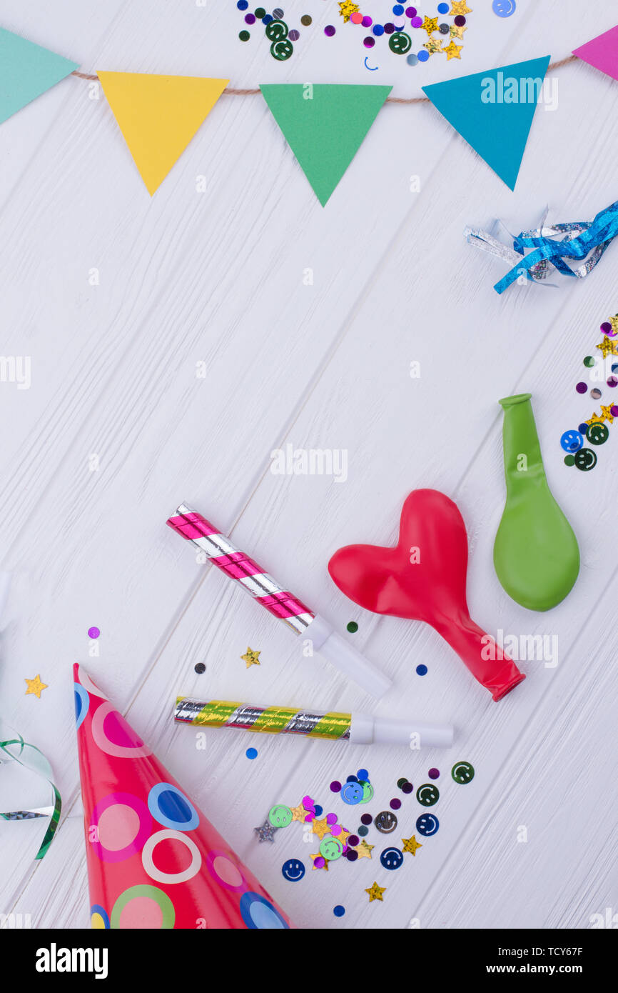 Kids party decorations, top view Stock Photo - Alamy