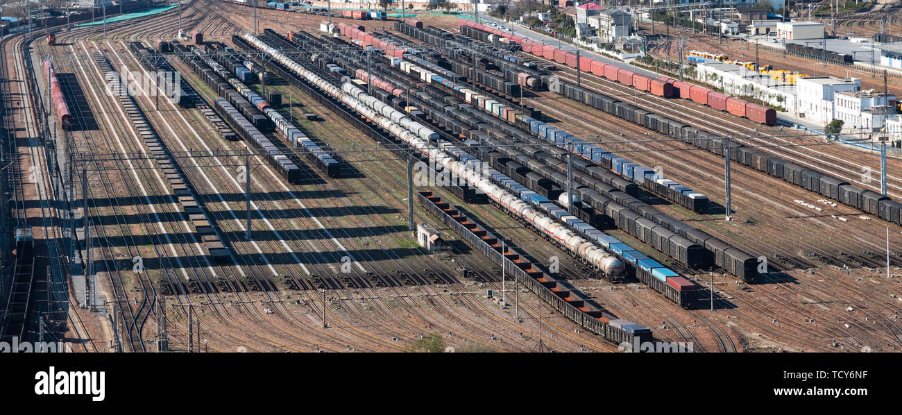 A neatly arranged freight train station Stock Photo - Alamy