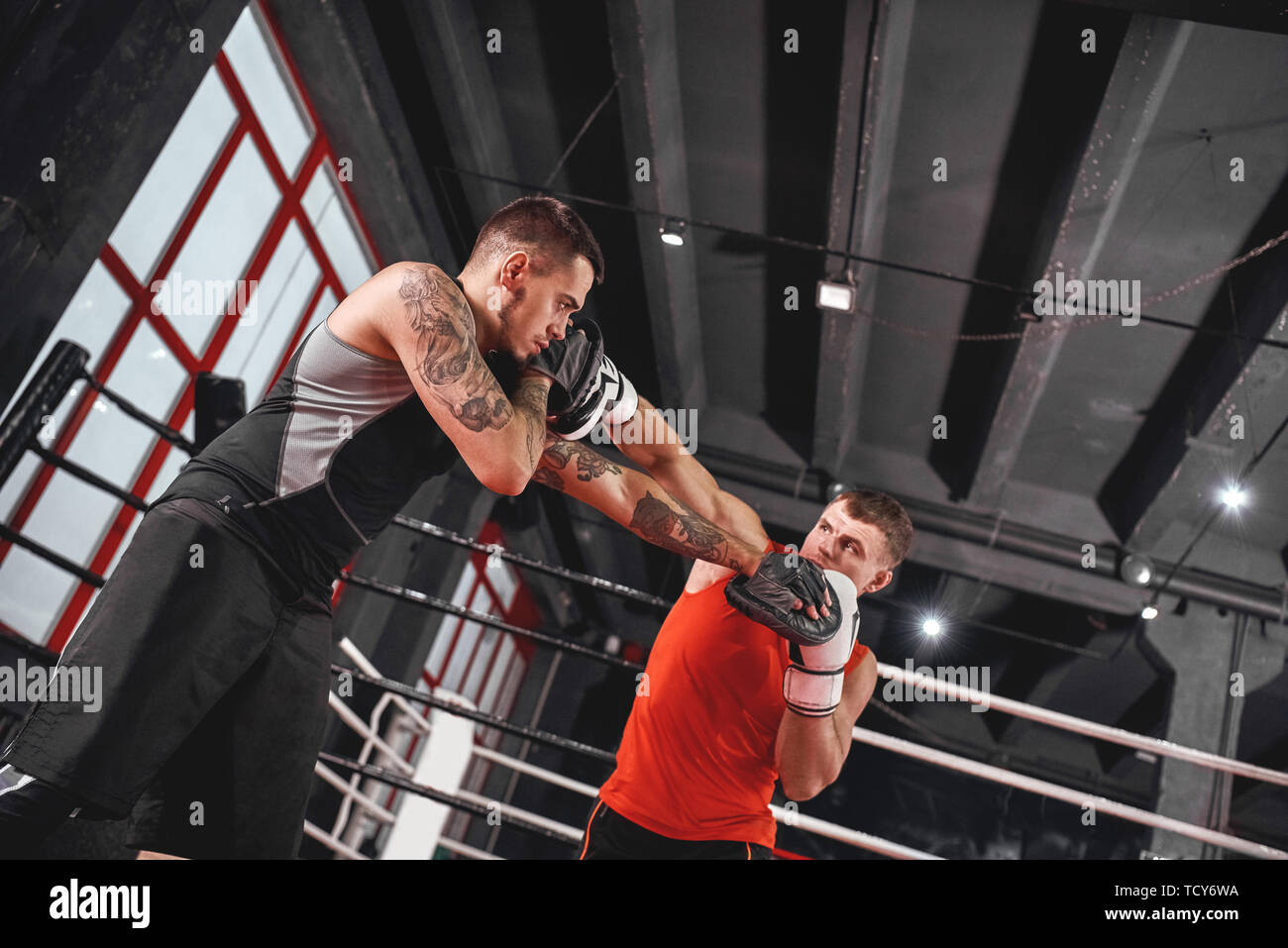 Handsome young sportsman in boxing gloves punching cross. Muscular ...