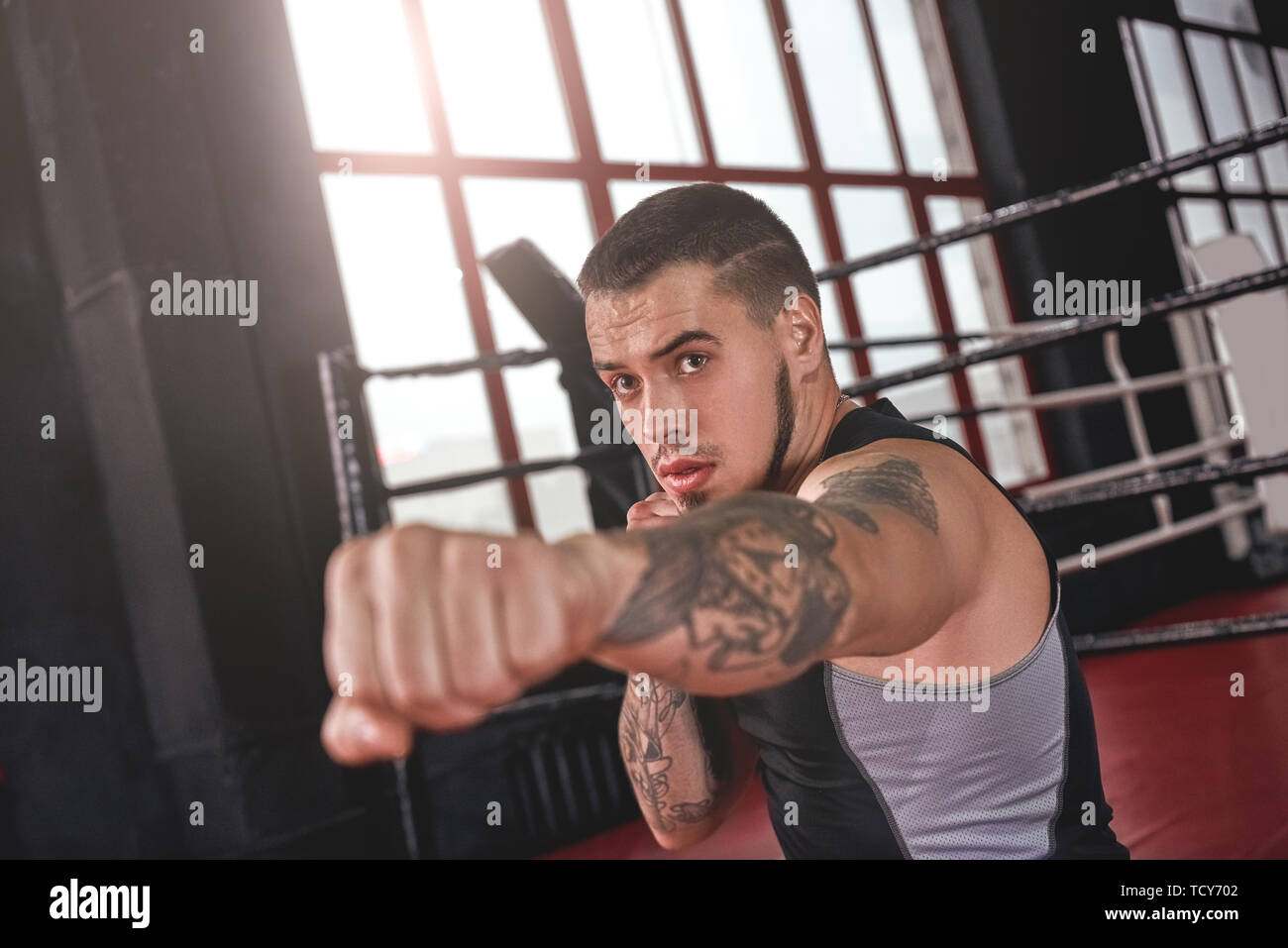 Strong muscular athlete in sports clothing practicing right straight ...