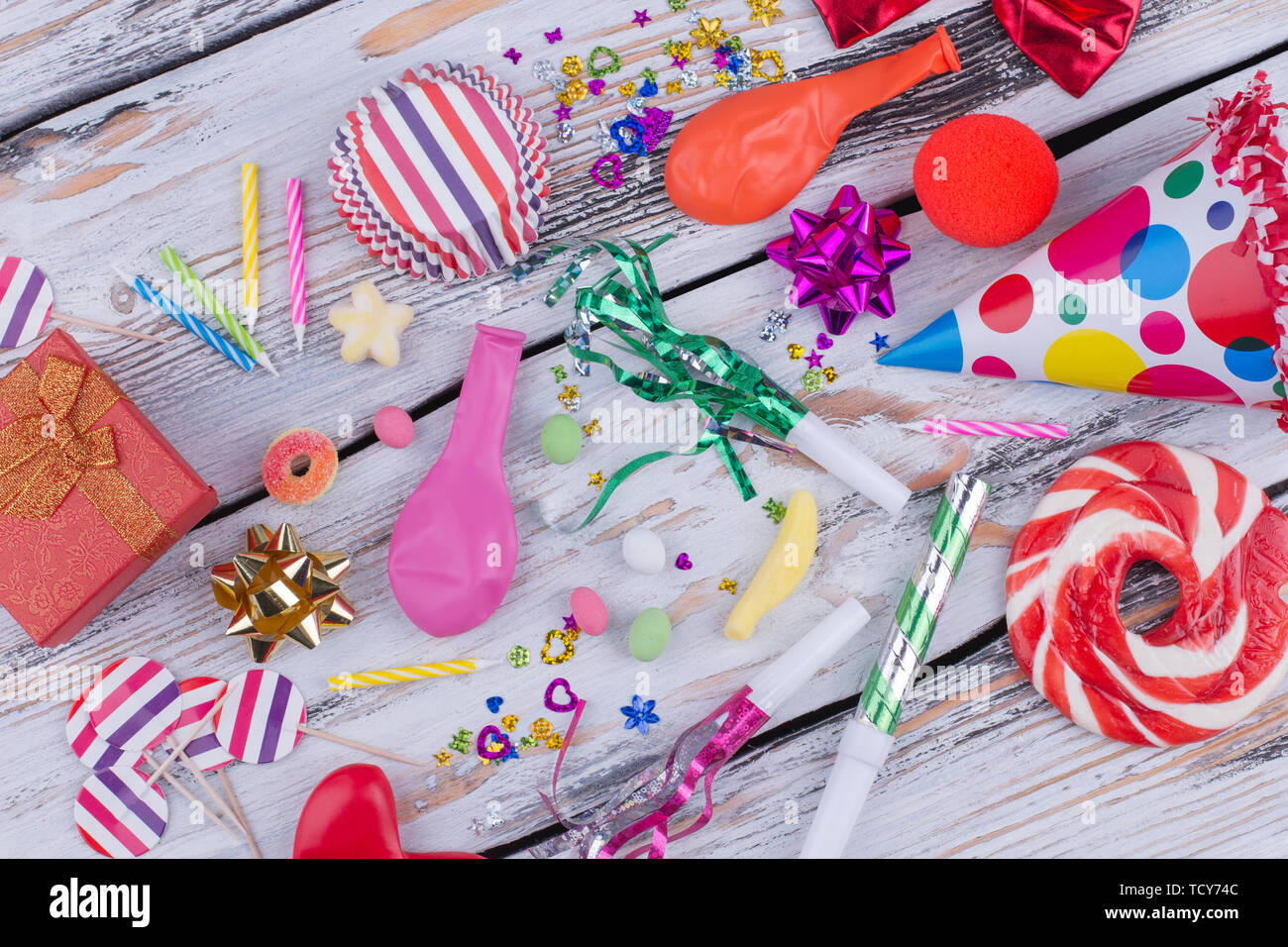 Colorful Birthday party items Stock Photo - Alamy