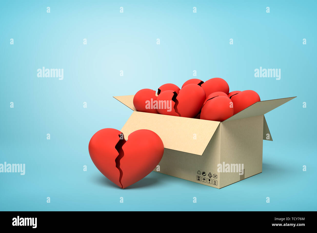 3d rendering of cardboard box full of red broken hearts on blue ...