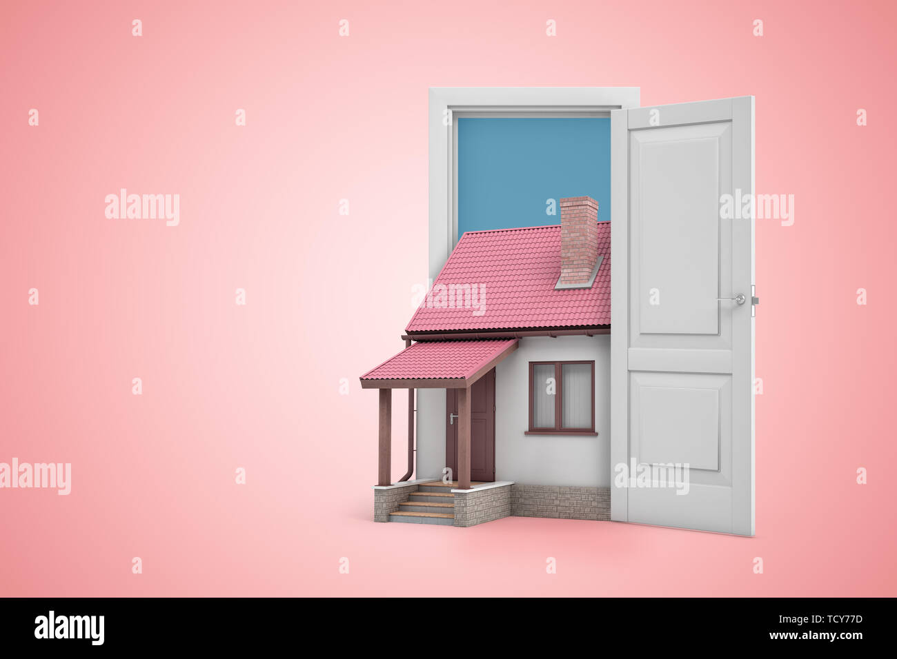 3d rendering of open door on pink gradient background and little ...