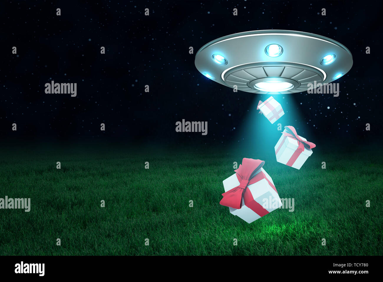 3d rendering of silver metal UFO with two gift boxes on dark night sky ...