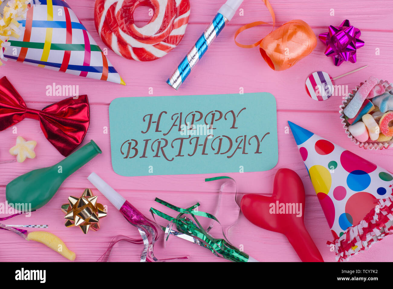 Flat lay Birthday party accessories and greeting card Stock Photo - Alamy