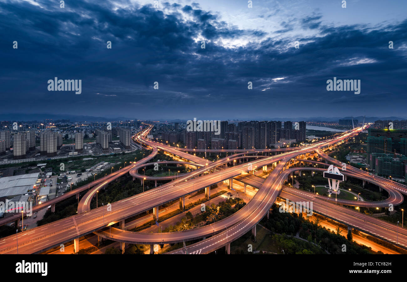 City appearance and transportation system in the evening buildings hi ...