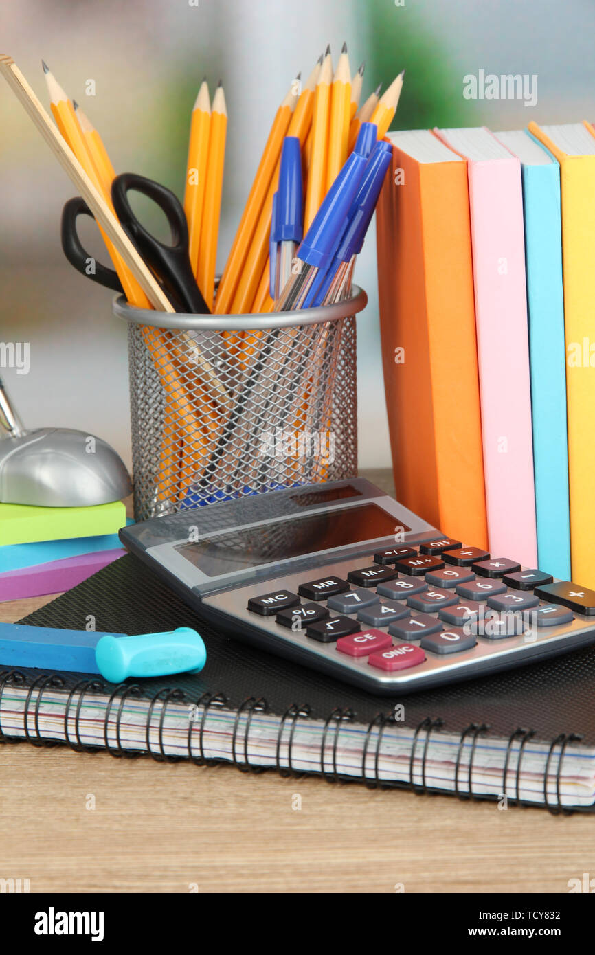 School supplies on wooden table Stock Photo - Alamy